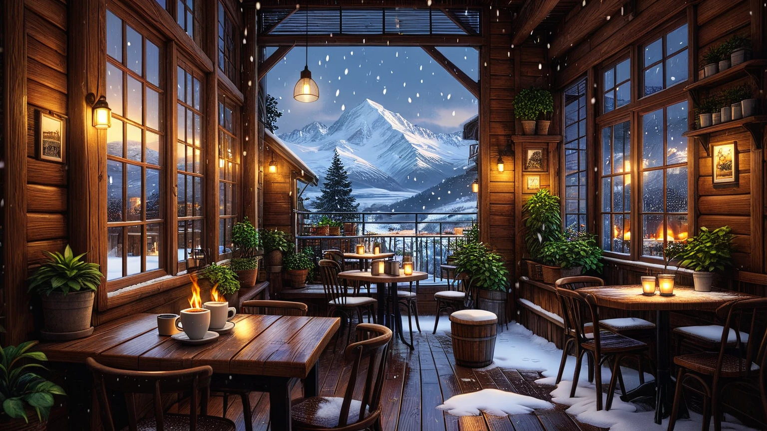 A warm, dimly lit wooden café interior. The room features a single ...