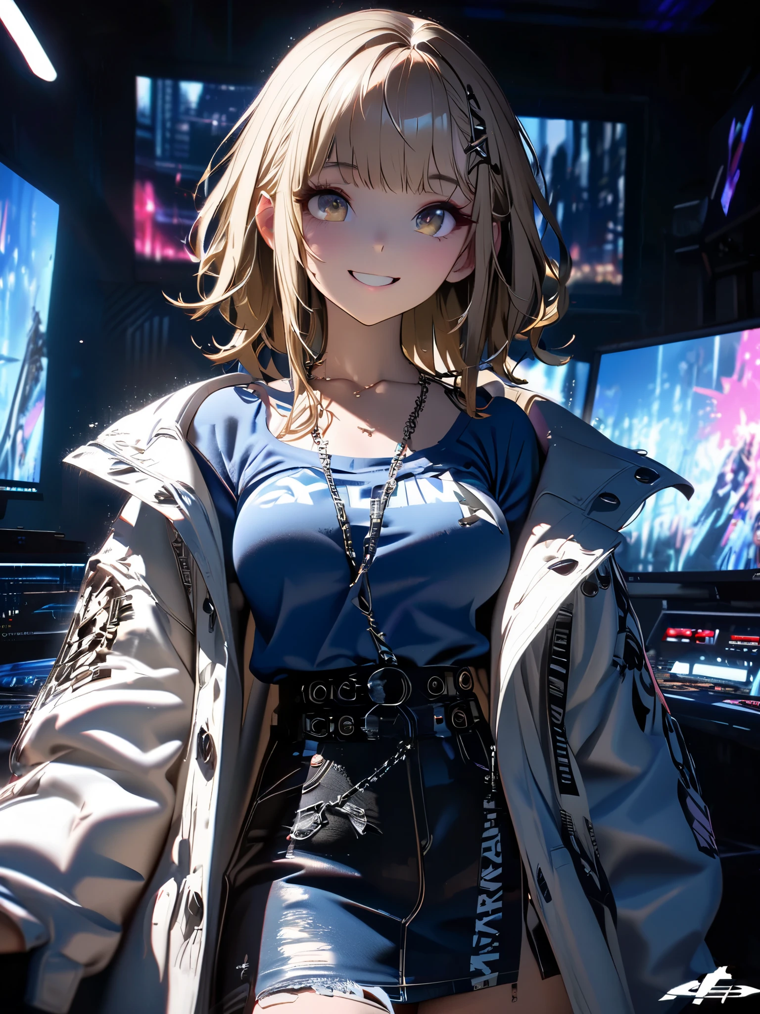 Anime girl in a blue dress and jacket standing in front of a computer ...