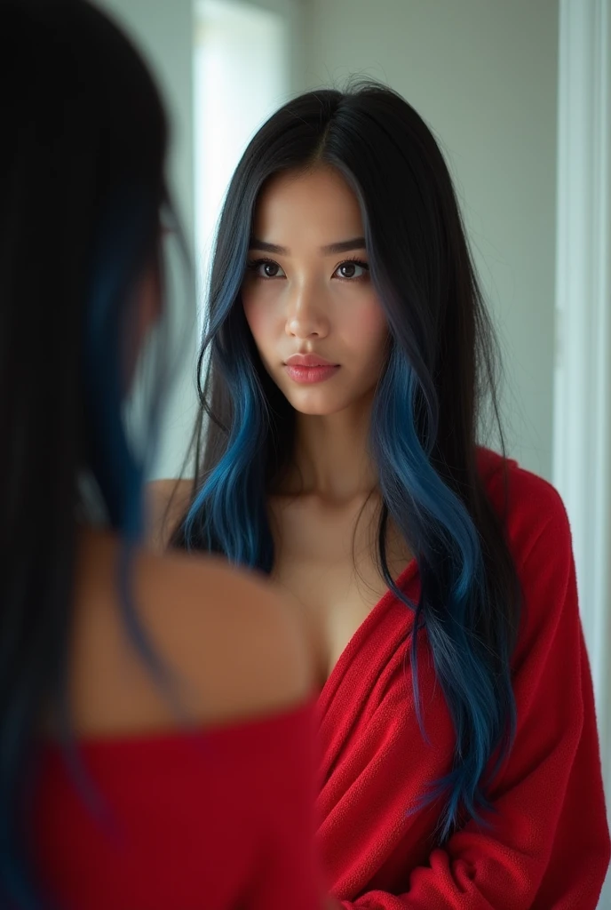 young woman k @ren c @ rreño , long straight black hair with blue extensions - SeaArt AI