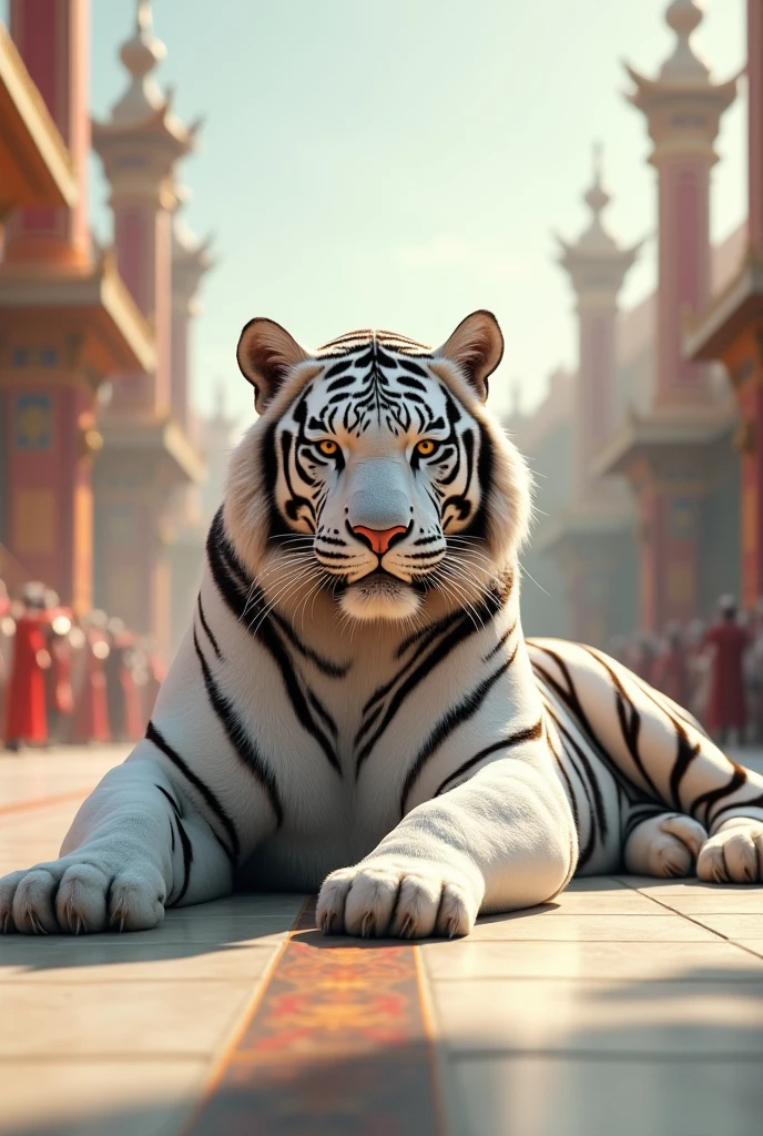 Now generate an image of a white tiger with black stripes lying on the ...