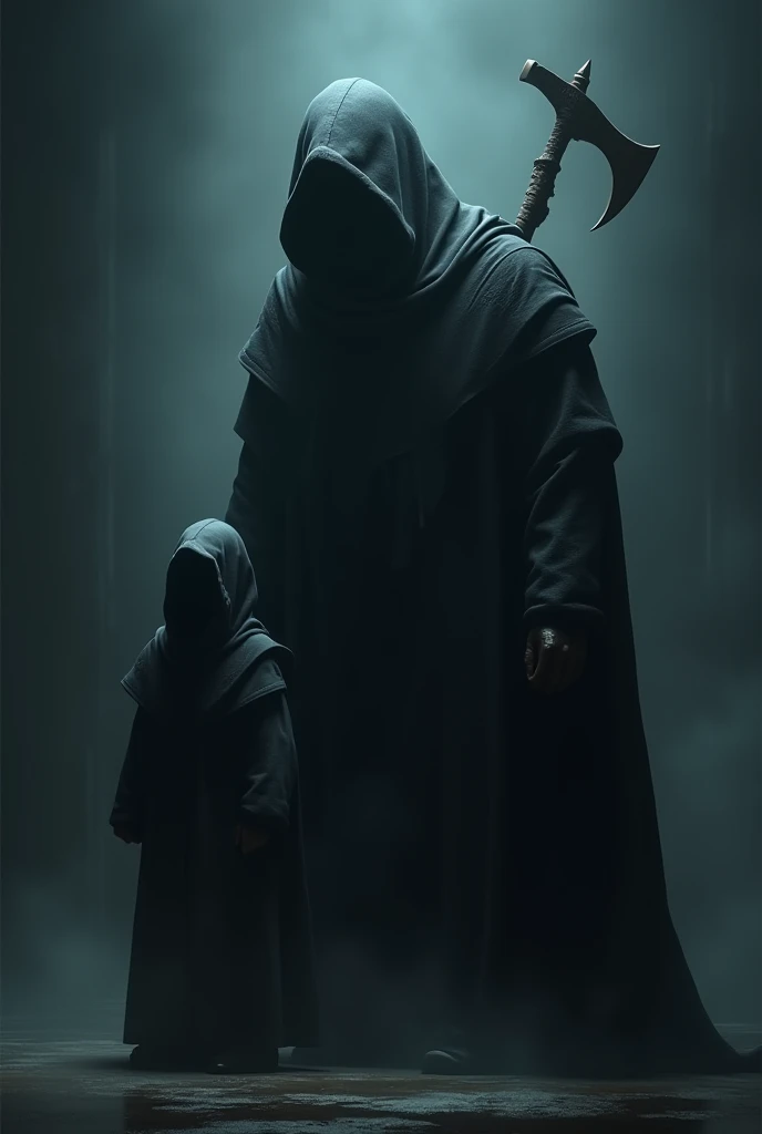 A shadow with a hood and a halberd on the back accompanied by another ...