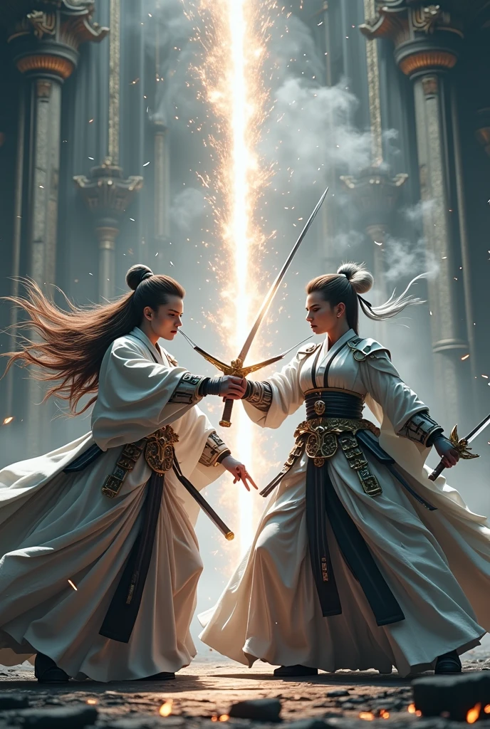 Swordswoman, 2 woman in hanfu holding two long swords in each hand ...