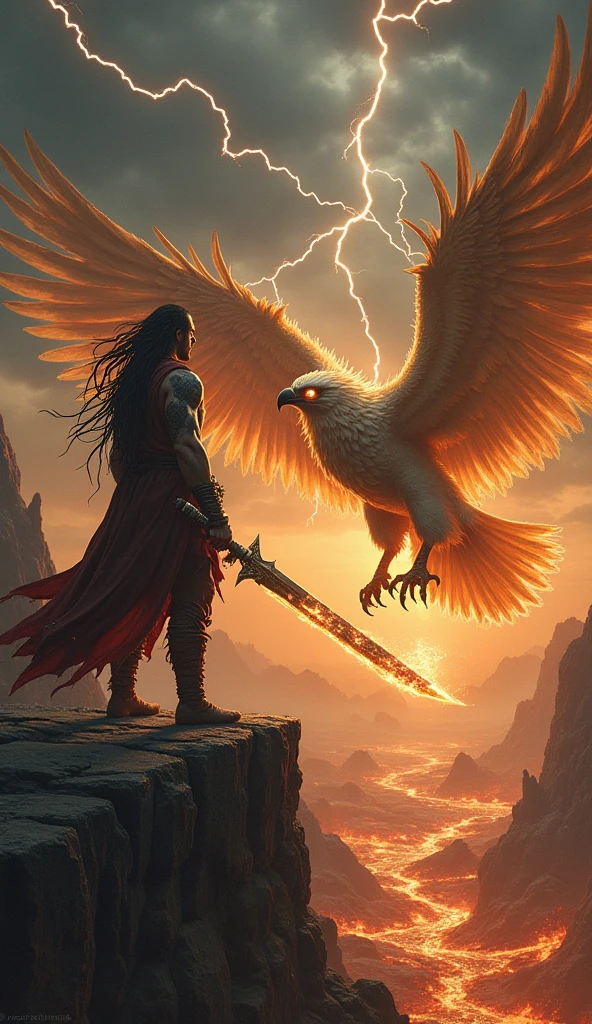 A dramatic scene featuring a muscular, battle-hardened warrior with ...