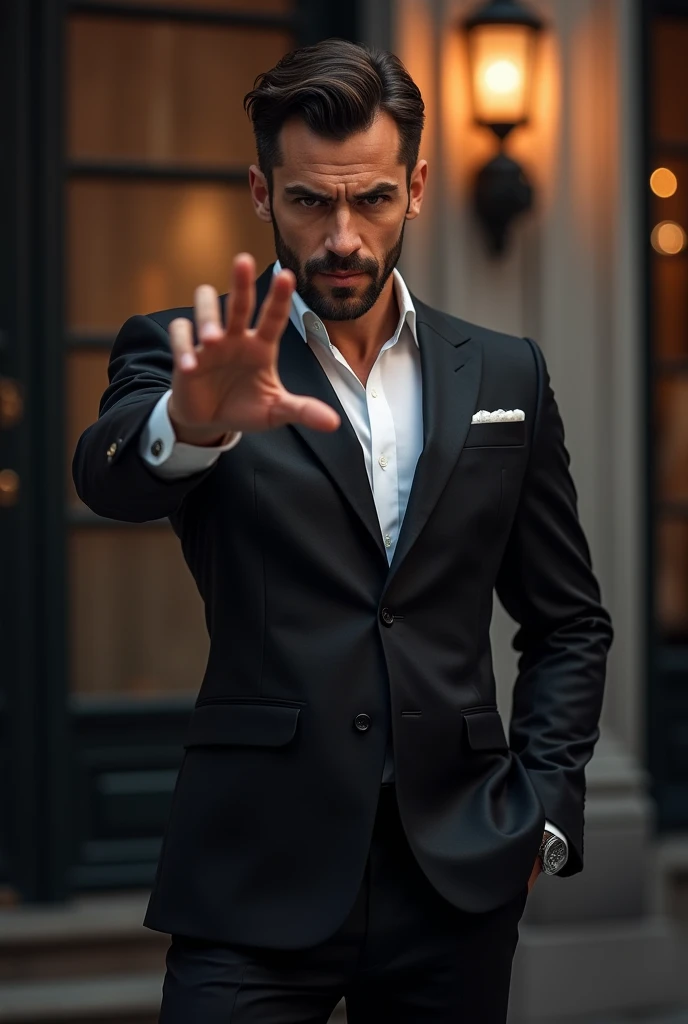 Dashing guy shows two fingers down - SeaArt AI