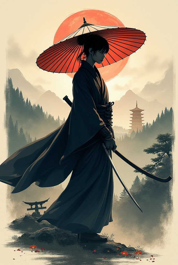 Kasa Samurai cool Japanese style Sumi-e style - SeaArt AI