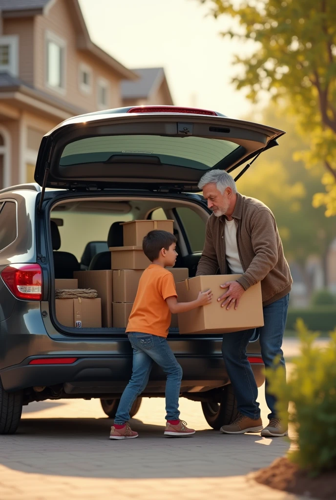 Both the father and son unloading things from the car. - SeaArt AI