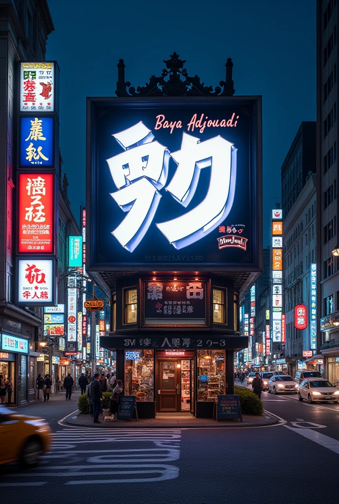 Writing the name Baya Adjouadi in billboards in Japan - SeaArt AI