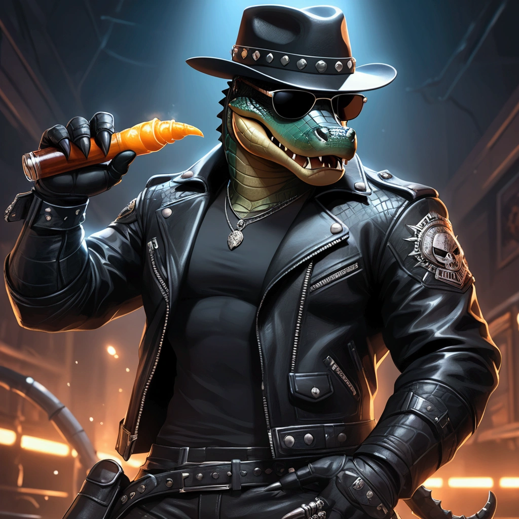 Closeup, Cartoon of an extremely badass anthropomorphic alligator mid ...