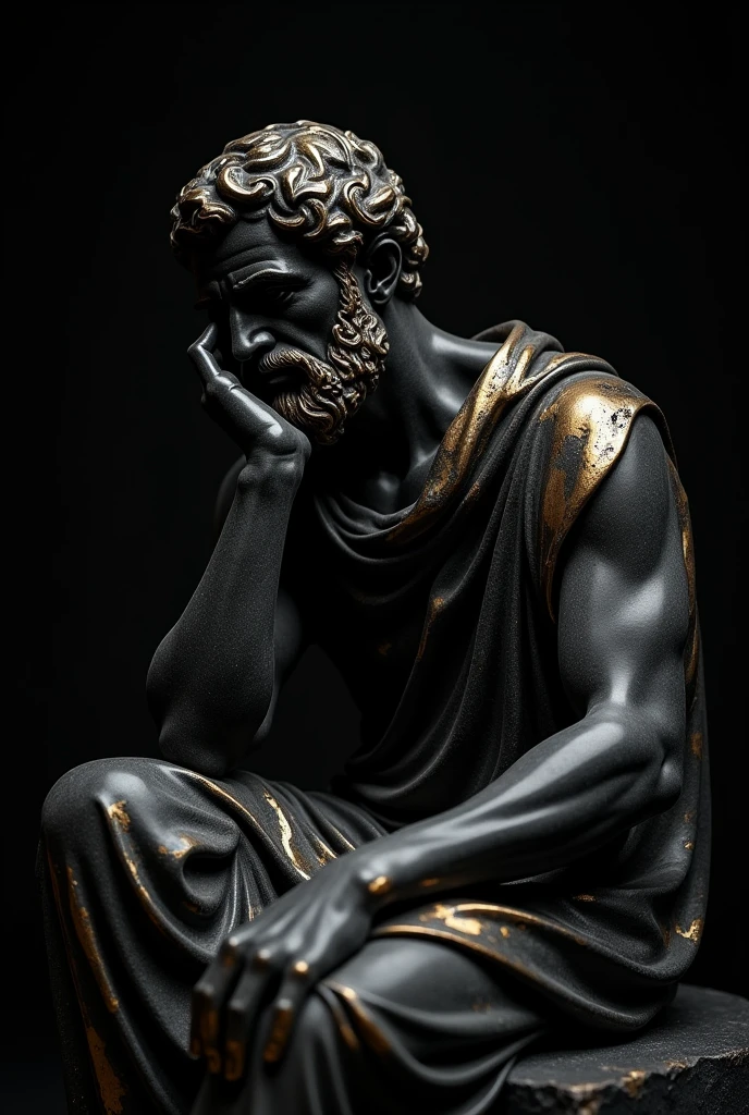 Une statue en marbre noir d’un philosophe stoïcien assis calmement ...