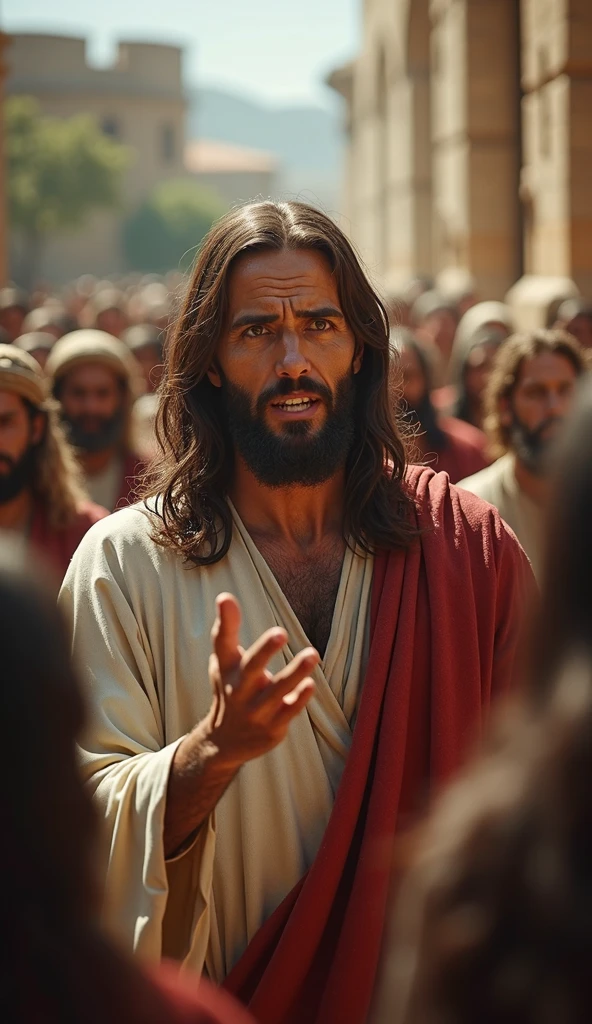 Hyper realistic Jesus preaching his message to people in the biblical ...