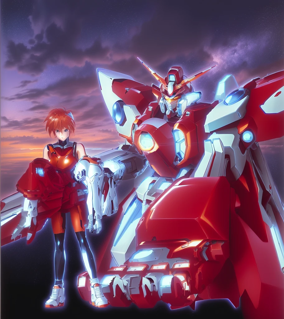 Anime characters standing next to a giant robot with a woman - SeaArt AI