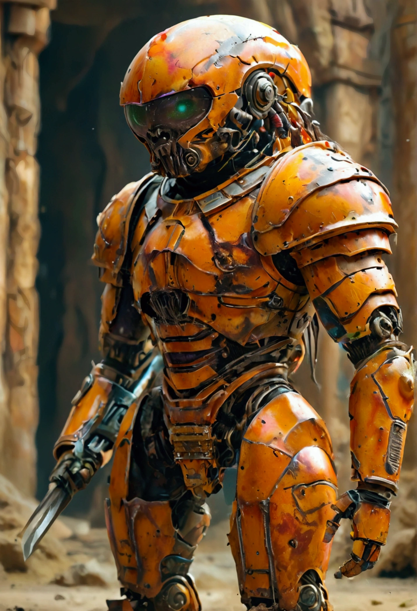 A robot cladiator (very mechanical, wasteland barbarian meets roman ...