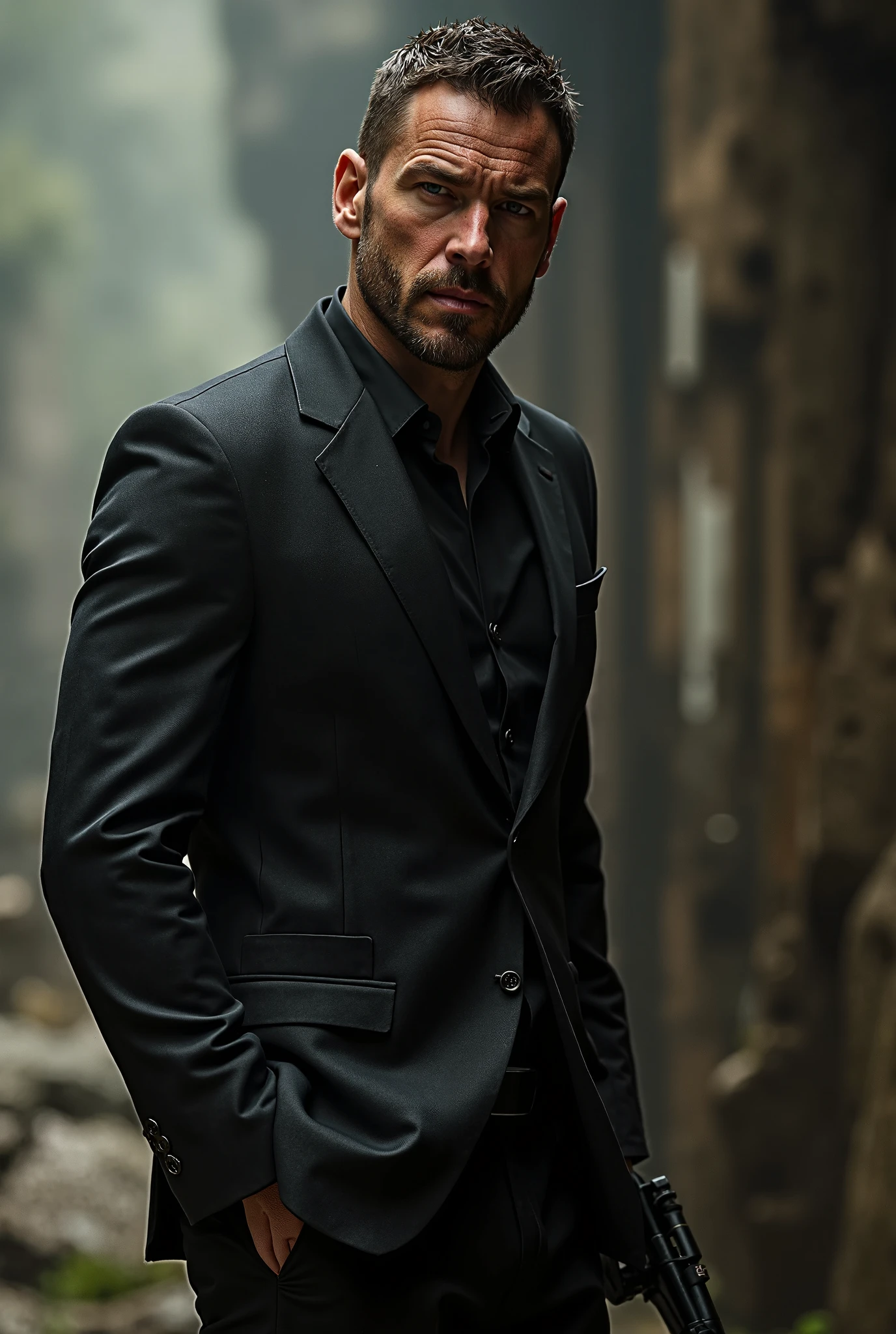 Arafed man in a suit with a gun in a forest - SeaArt AI