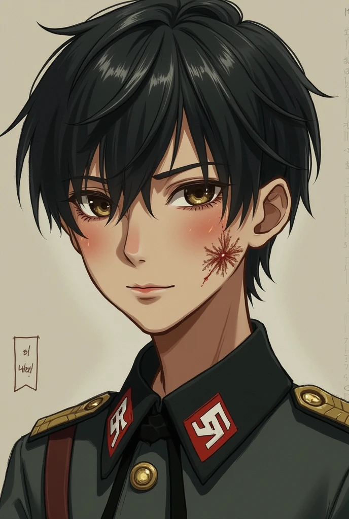 Uniformed man nazi soldier with black hair and brown eyes with injuries ...