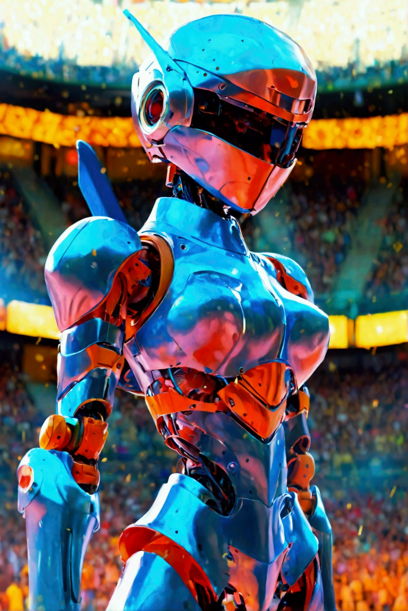 (female (Robot (holding sword))), robot face, glossy robot skin - SeaArt AI