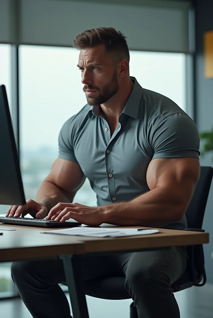 A bodybuilder front of a computer making accountant job - SeaArt AI