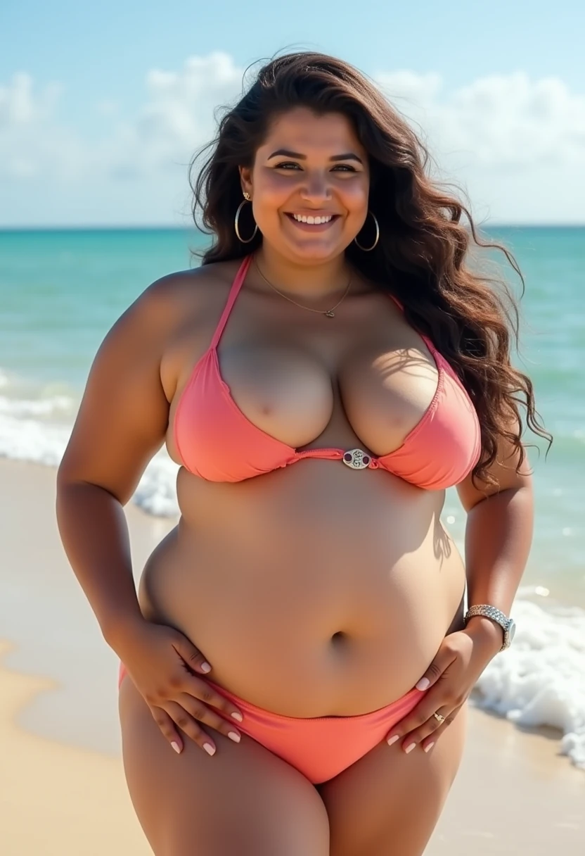 1girl,sorority girl, plus sized bikini , chubby, (double chin - SeaArt AI