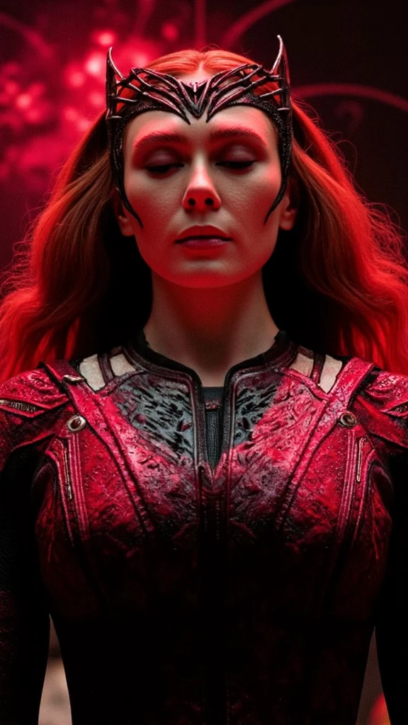 (((photorealism:1.2))), a woman in a red costume standing on a brick ...