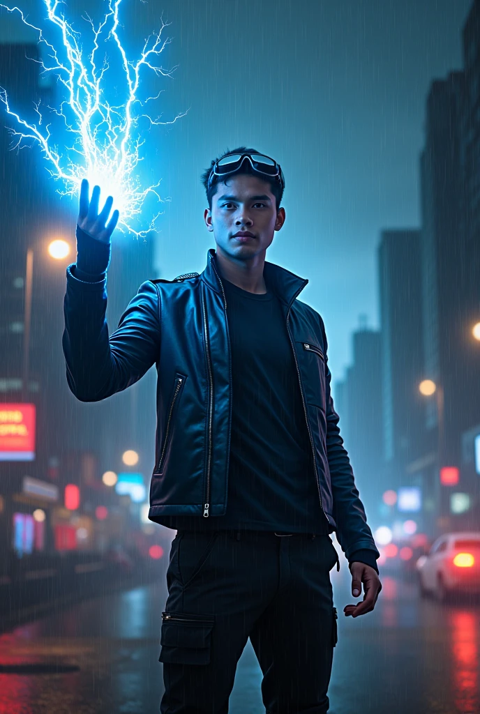 A handsome young man, controlling lightning, wearing black and blue ...