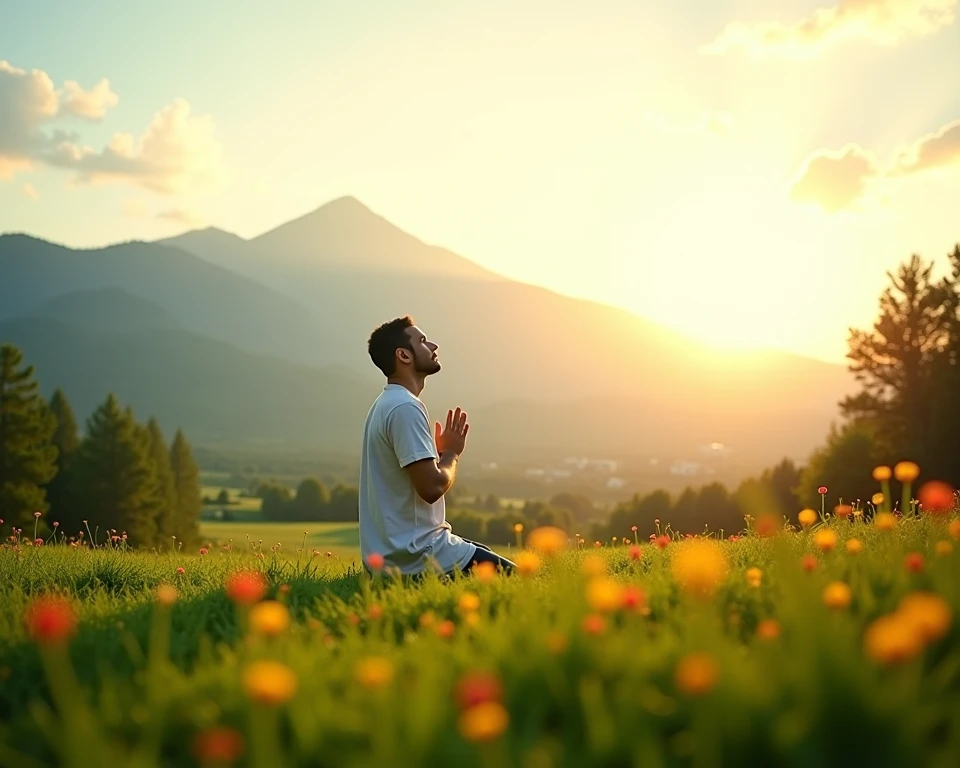 A serene and peaceful landscape, with a wide view of a mountain in the ...