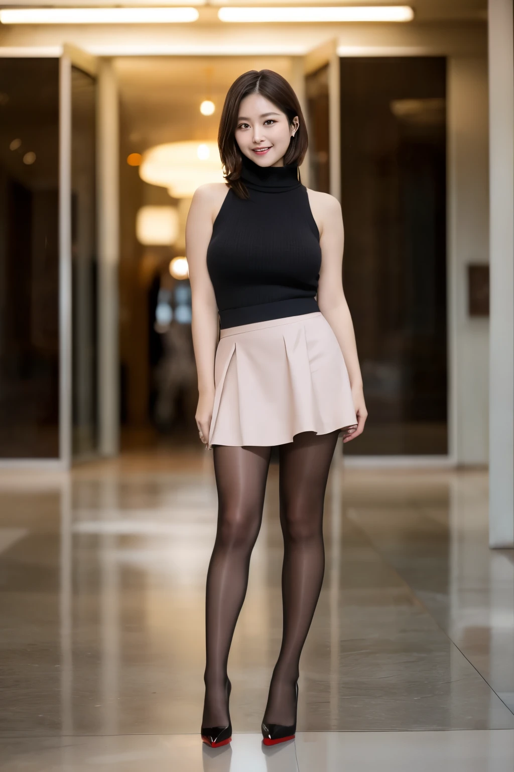 Arafed woman in a black top and a pink skirt posing for a picture ...