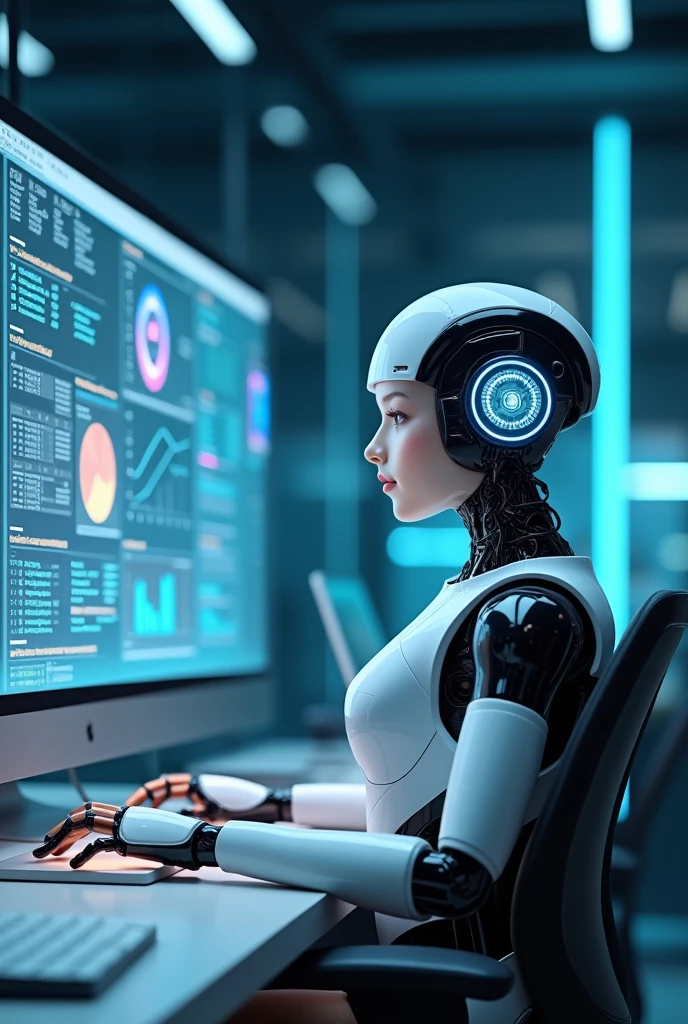 Create a futuristic business scene featuring a female humanoid robot ...