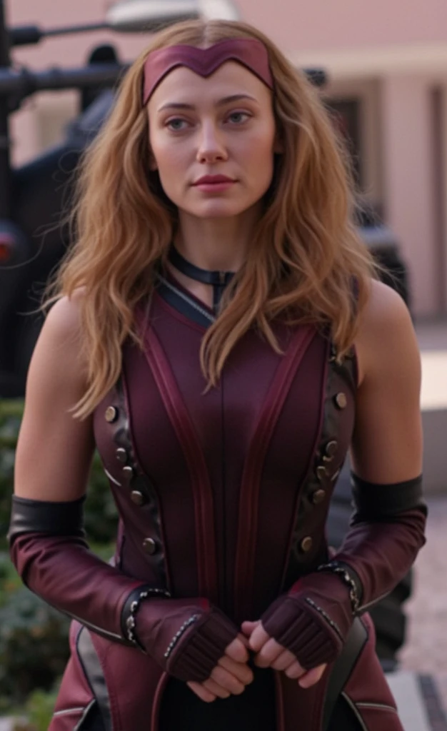 (((photorealism:1.2))), a woman in a red costume standing on a brick ...