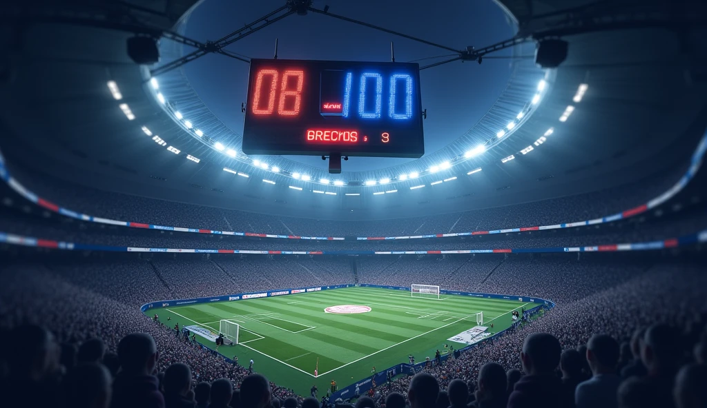 A realistic sports scoreboard in a football stadium, viewed from a ...