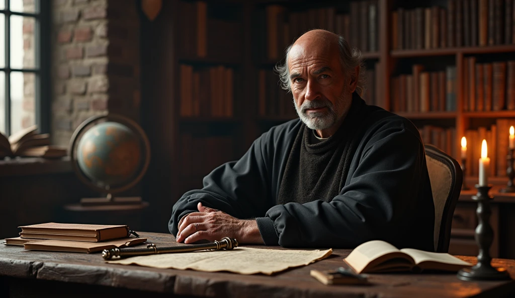 Create an image of Niccolo Machiavelli in his study, with a longsword ...