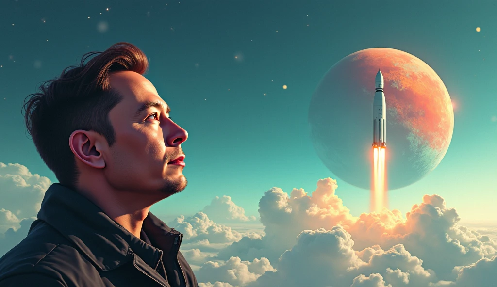 Elon musk looking up from planet earth, where a rocket is on its way to ...