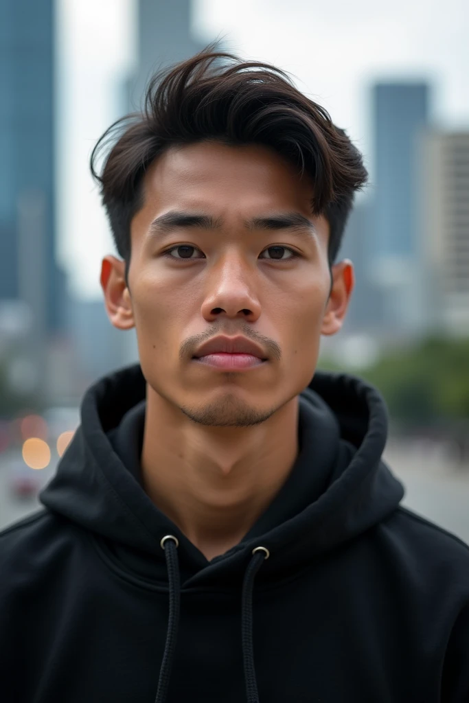 Close up photo of a young Indonesian man, wearing a black hoodie ...