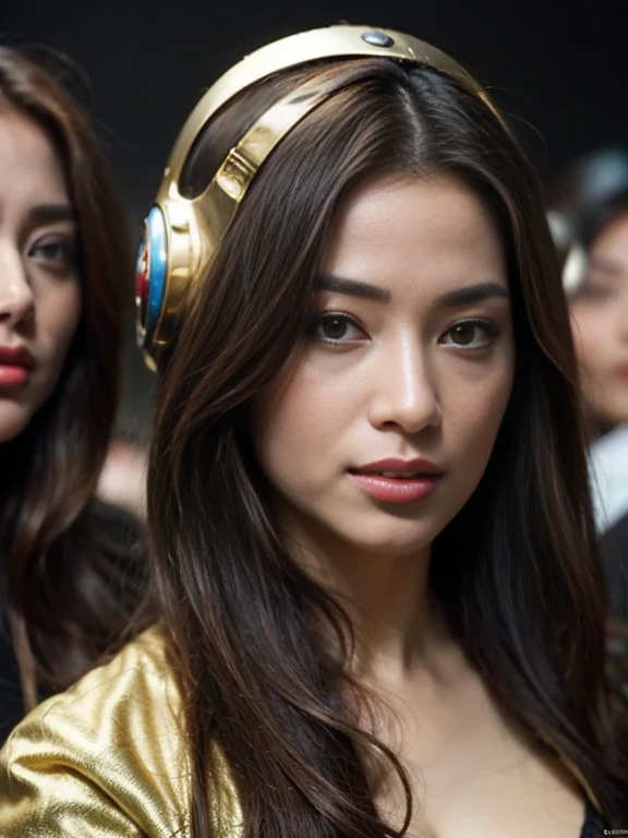 Arafed image of a woman with a helmet on surrounded by other people - SeaArt AI