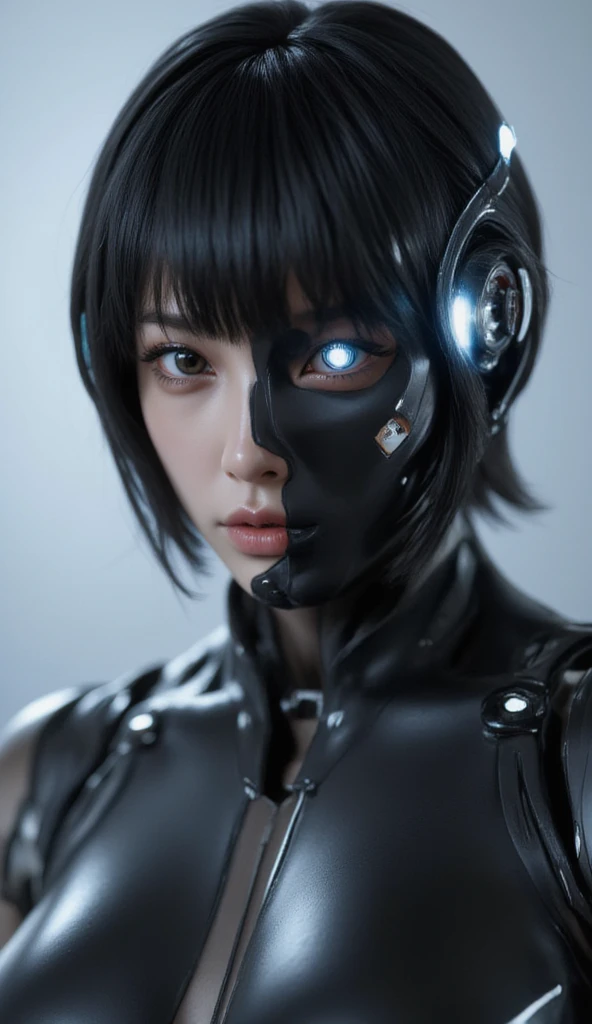 In the world of the near future, a female cyborg stands with a perfect ...