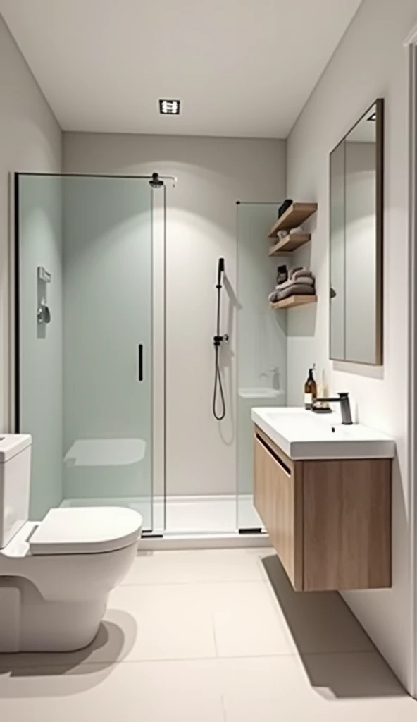 "Create an image of a modern, small, rectangular bathroom that is 3 ...