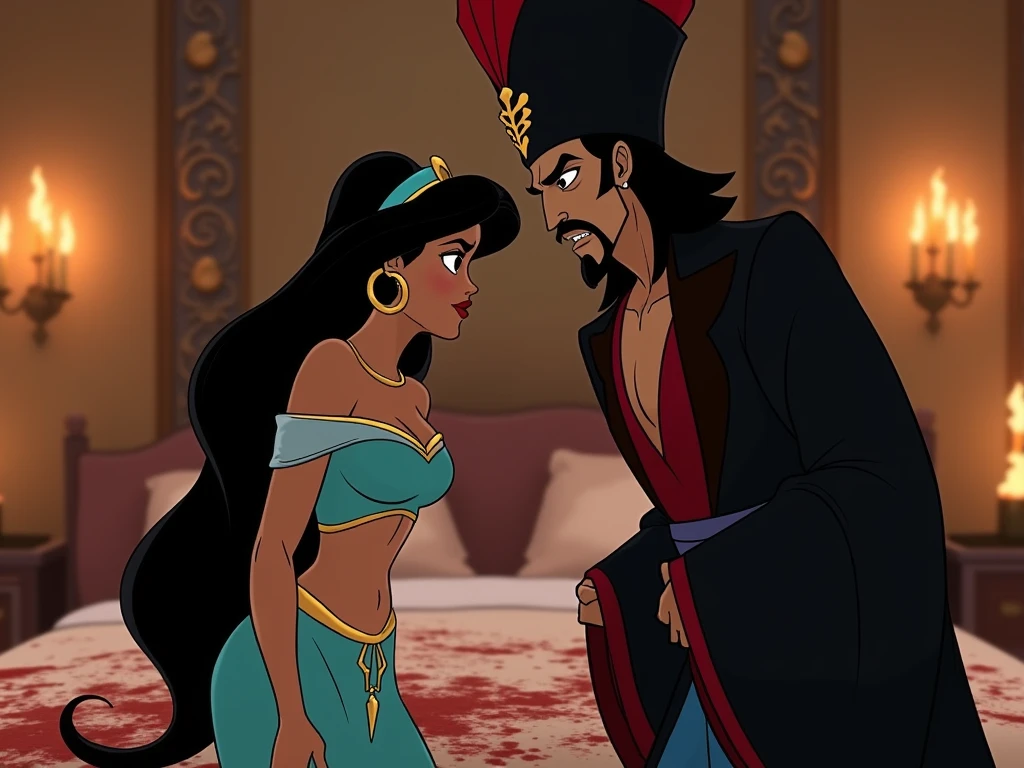 The image should depict Princess Jasmine and Jafar engaged in a forced vaginal - SeaArt AI