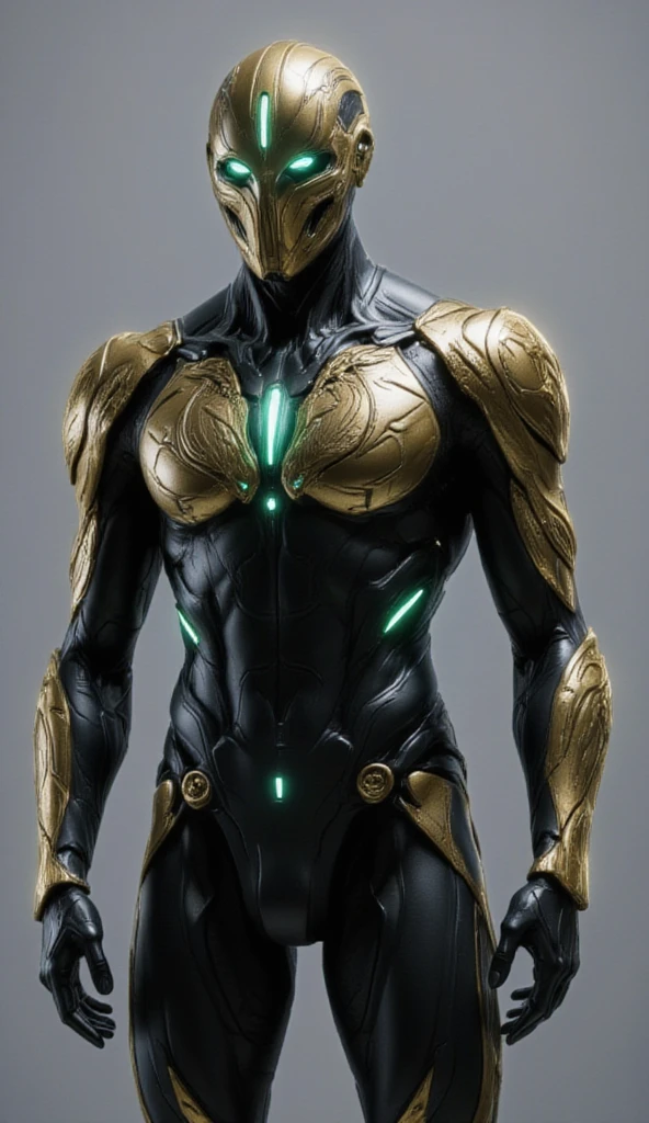 Warframe, a formidable figure clad in an exosuit of dark, metallic ...