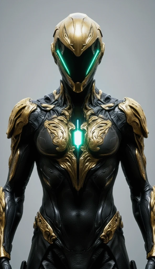 Warframe, a formidable figure clad in an exosuit of dark, metallic ...