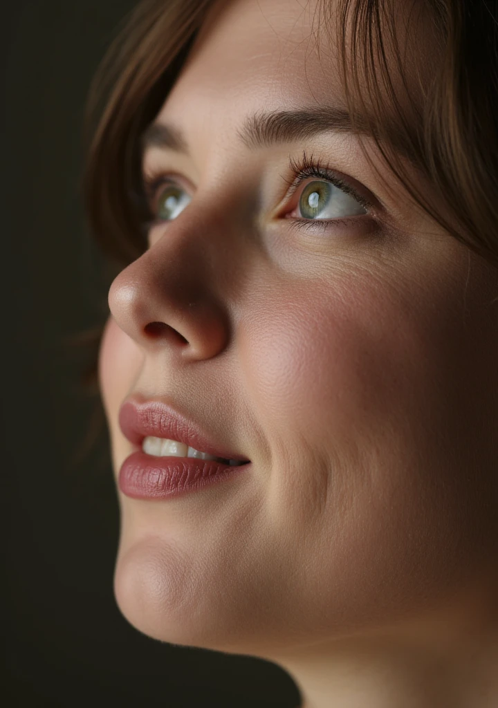 (side view , looking up, portrait) , (pretty light ((green)) eyes ...
