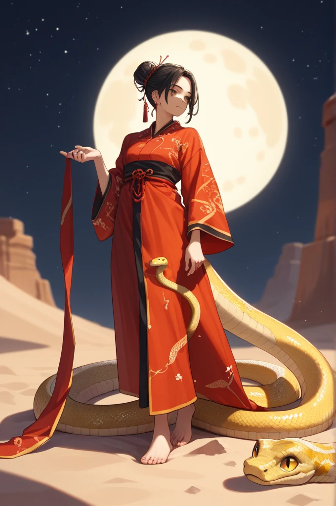 at night in the desert, against the backdrop of a huge moon and dim ...