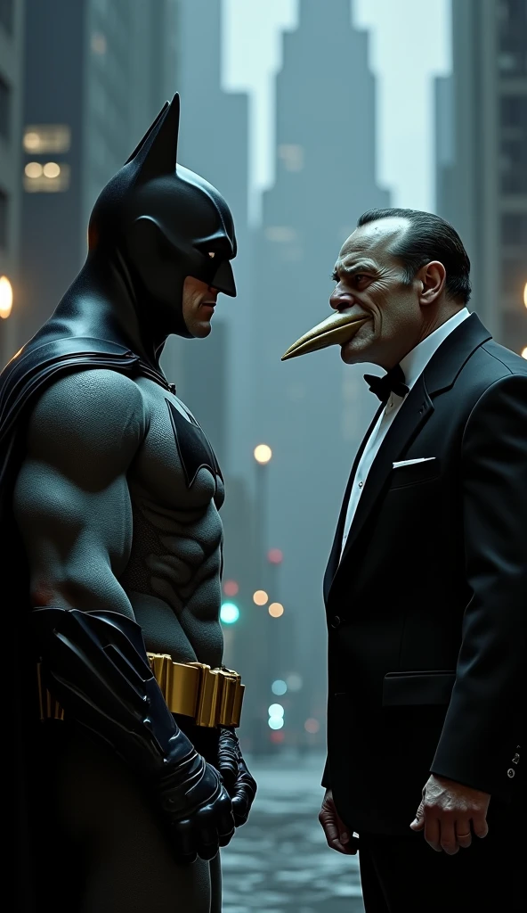 Batman looking head-on at the penguin man dressed in a tuxedo - SeaArt AI