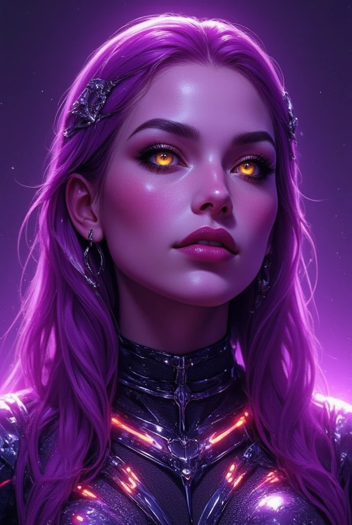 A striking portrait of a powerful alien queen with deep violet skin and ...