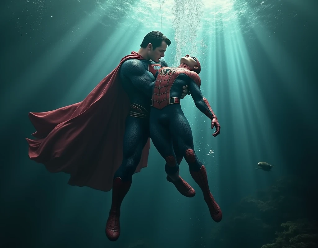 Unconscious Spiderman drowning underwater.superman saving spiderman ...