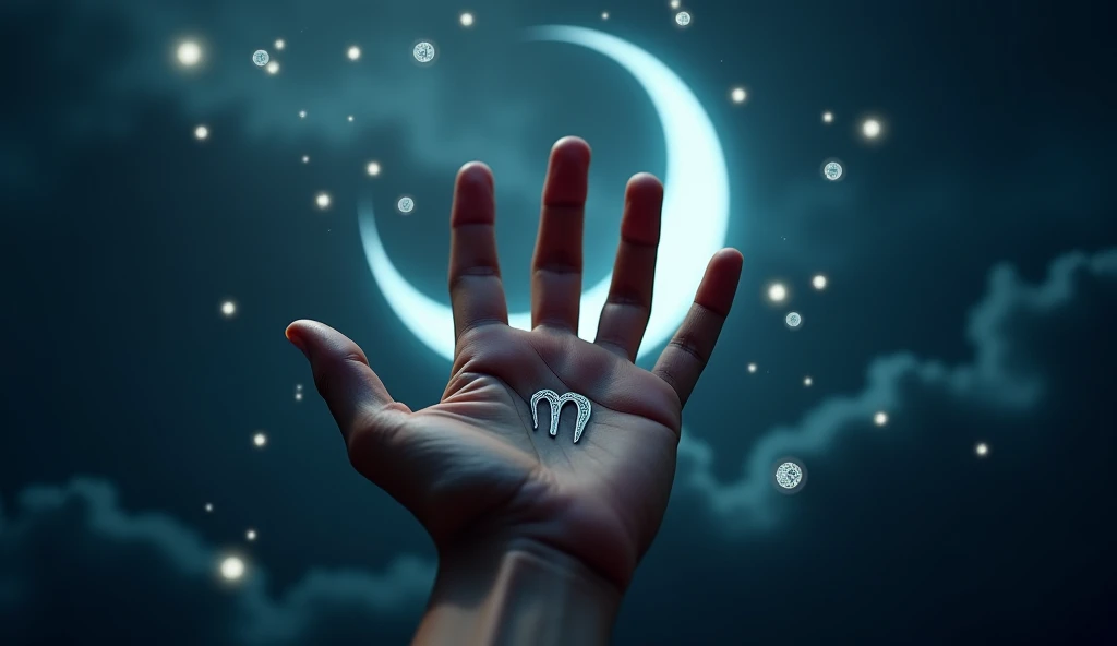"A close-up image of a hand with the distinct 'M' palmistry mark ...