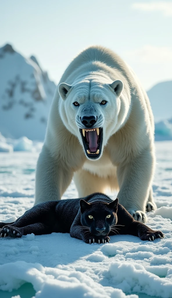 A cinematic wildlife confrontation unfolds in the icy Arctic tundra ...