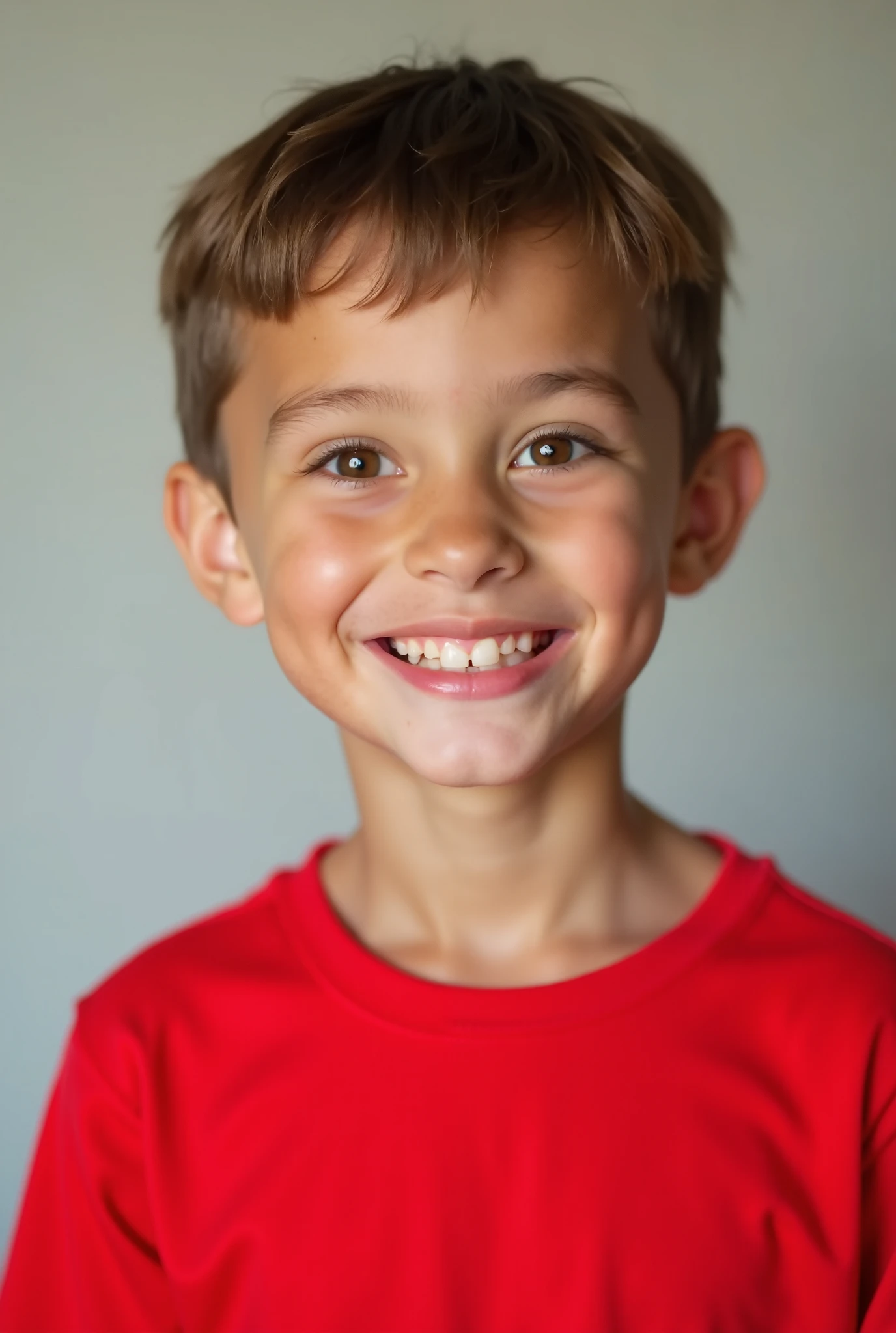 Arafed boy with a red shirt smiling and holding a toothbrush - SeaArt AI