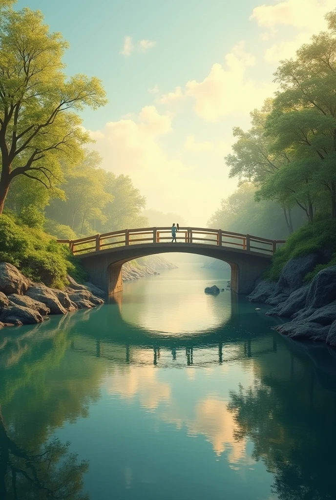 A serene and symbolic bridge stretching over a tranquil river - SeaArt AI