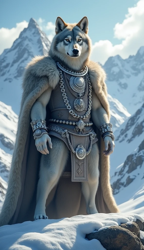 A regal humanoid wolf standing confidently in a majestic, snowy ...