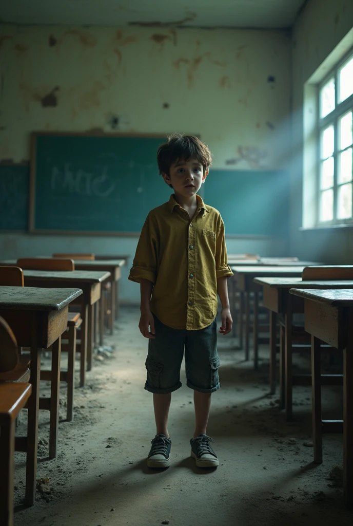 Here's a 13 years old boy ,A large, abandoned classroom with broken ...