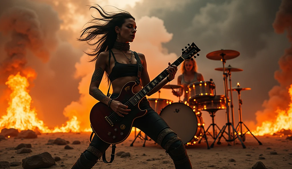 A bold guitarist in a post-apocalyptic setting, playing a customized ...