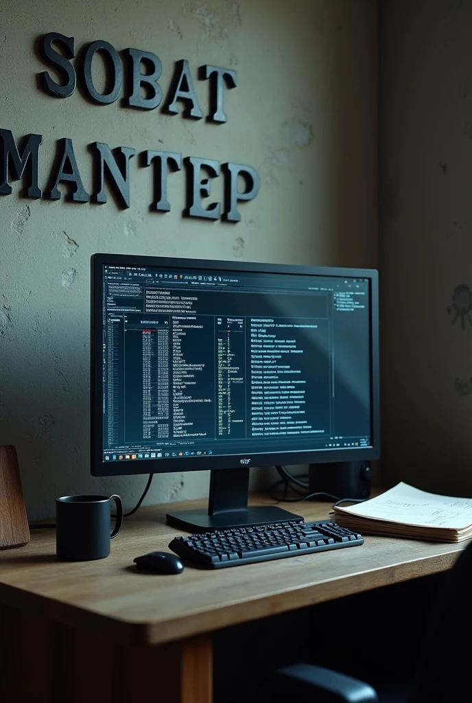 Computer monitor screen on wooden table with hacker-like data display ...